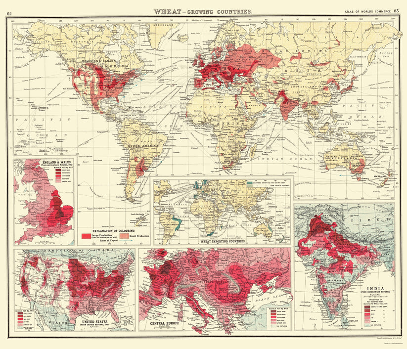 Historic Map - Global Wheat Growing Countries - Bartholomew 1907 - Vin ...