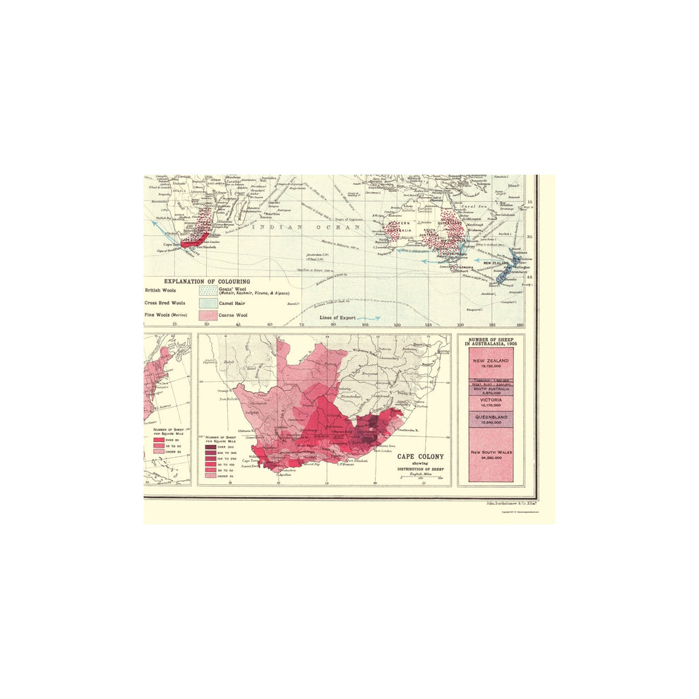 Historic Map - Global Wool Growing Countries - Bartholomew 1907 - Vint ...