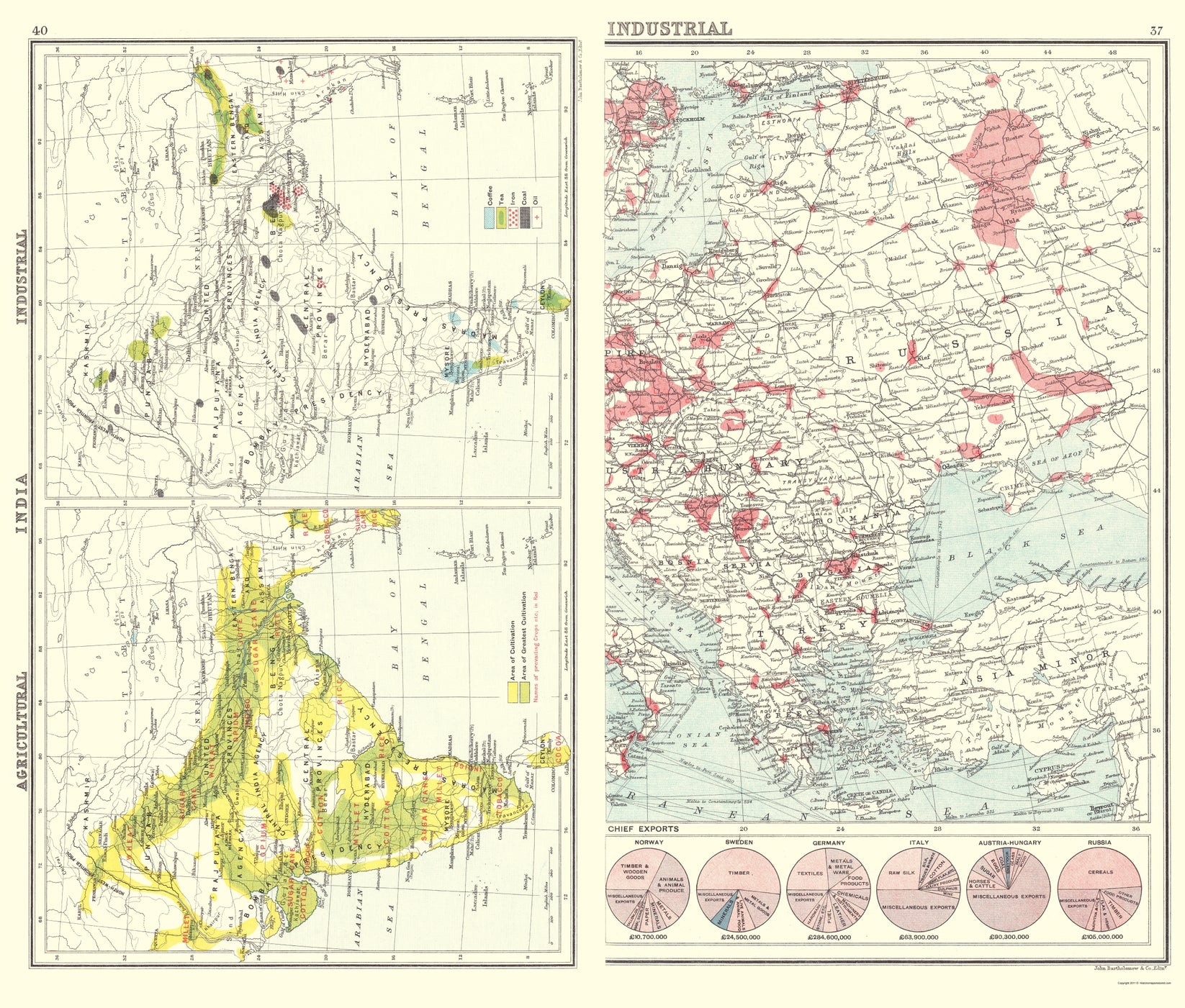 Historic Map - Eastern Europe India Industrial - Bartholomew 1907 - Vi ...