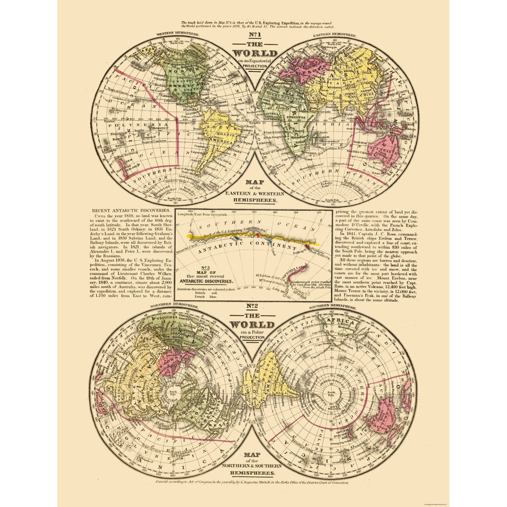 Historic Map - Equatorial Polar Projections - Mitchell 1839 - Vintage ...