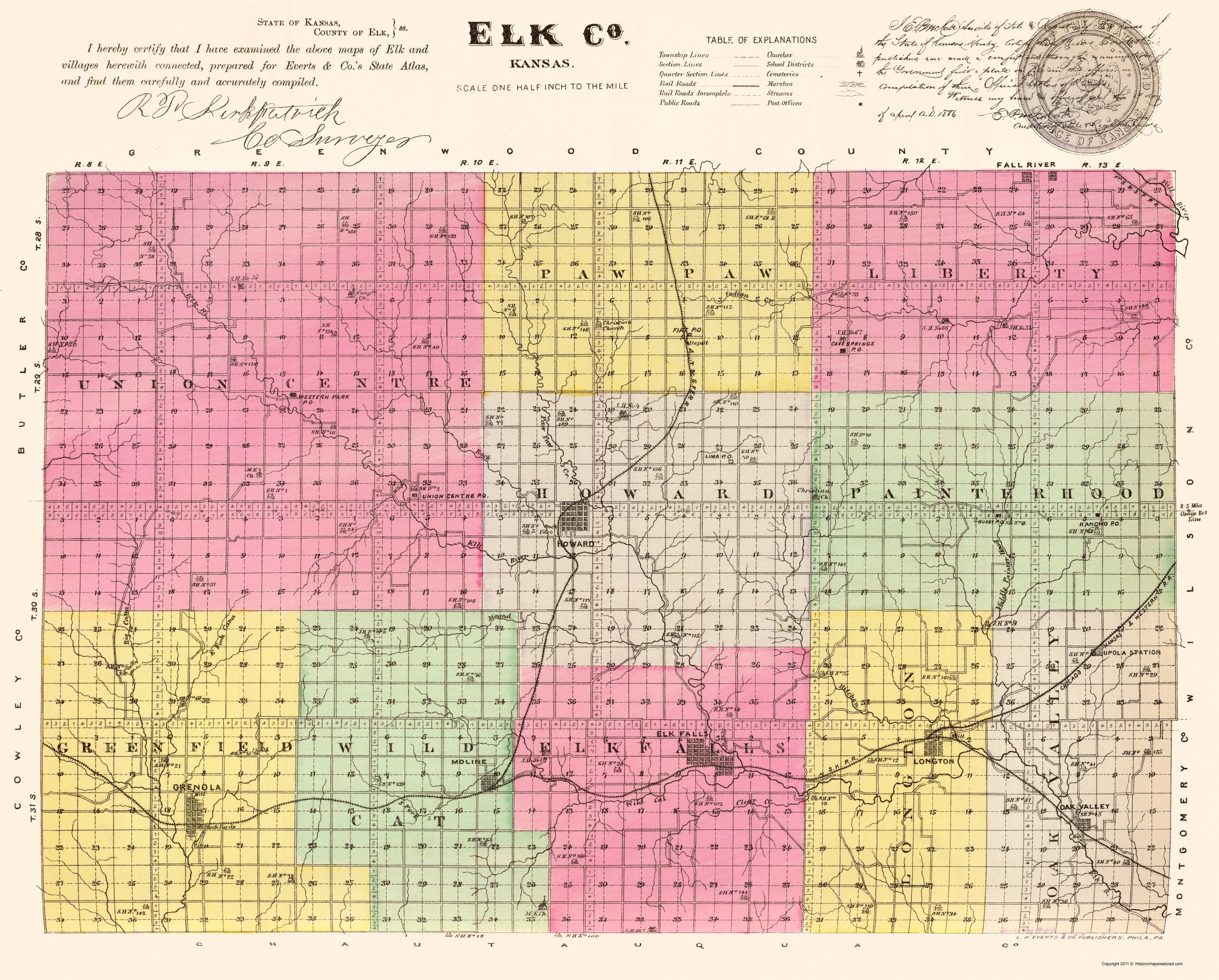 Historic County Map - Elk County Kansas - Everts 1887 - 23 x 28.62 - V ...