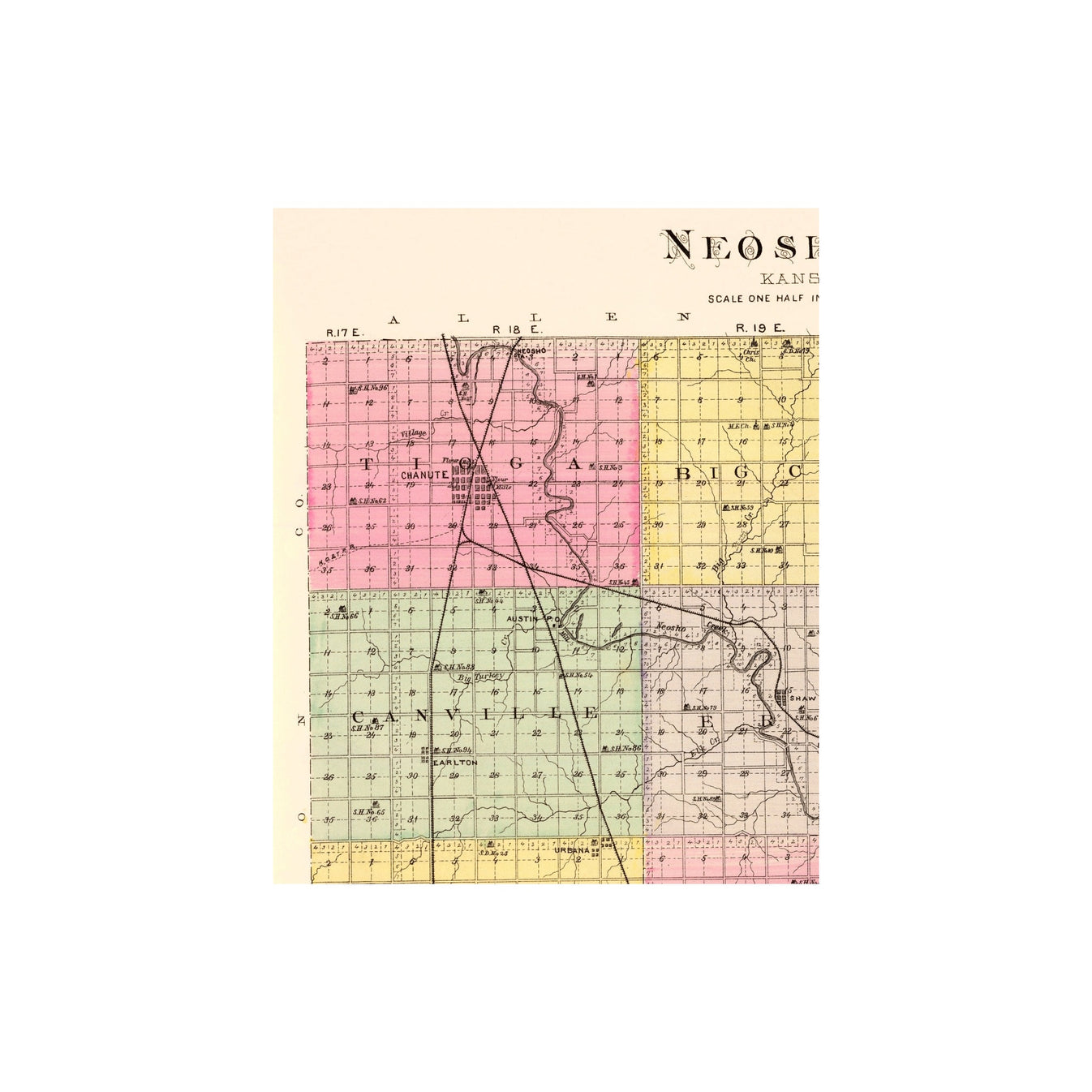 Historic County Map - Neosho County Kansas - Everts 1887 - 23 x 28.47 ...