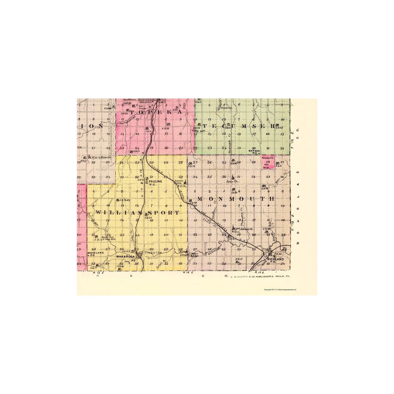 Historic County Map - Shawnee County Kansas - Everts 1887 - 23 x 28.09 ...