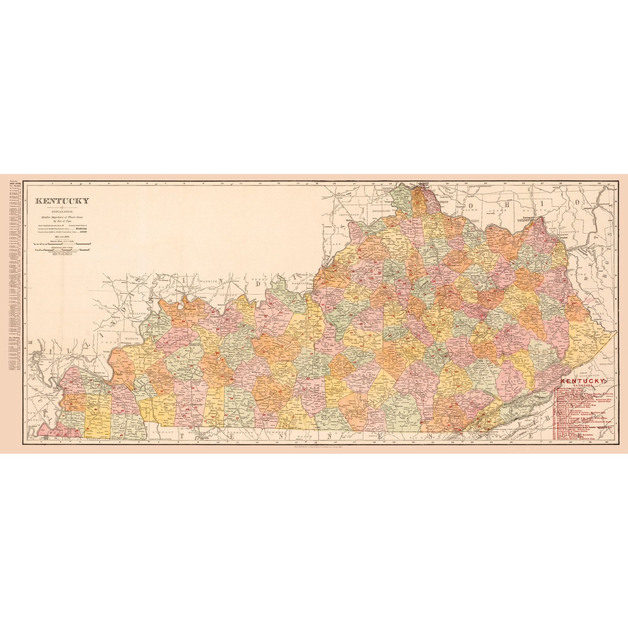 Railroad Map - Kentucky Railroads - 1905 - 51.61 x 23 - Vintage Wall A ...