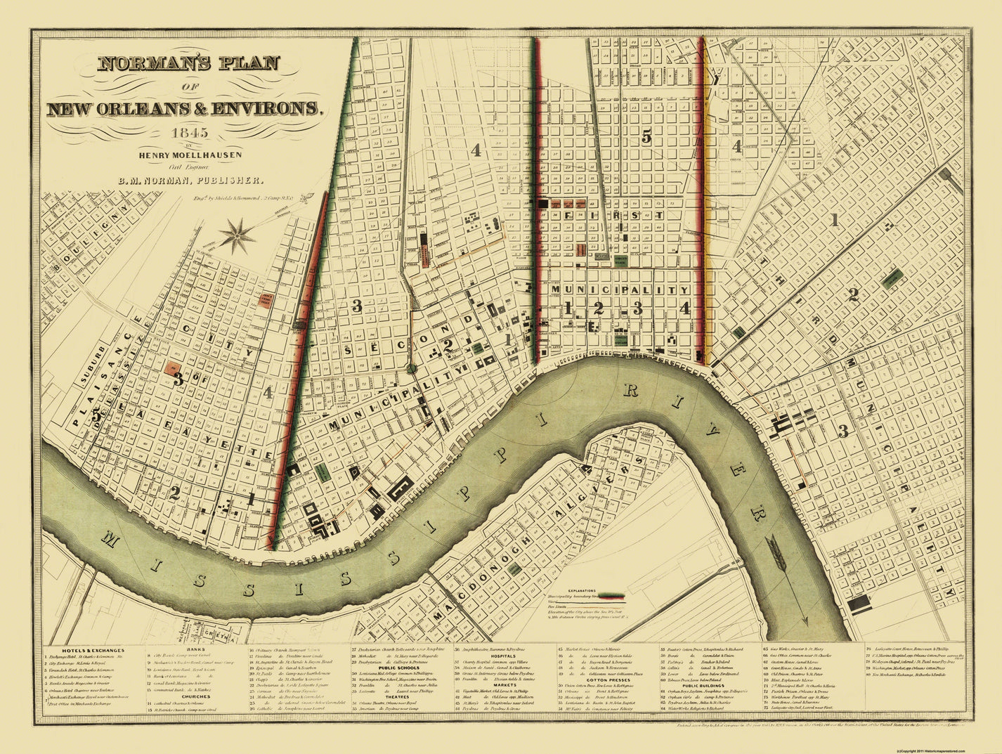 Historic City Map - New Orleans Louisiana - Norman 1845 - Vintage Wall ...