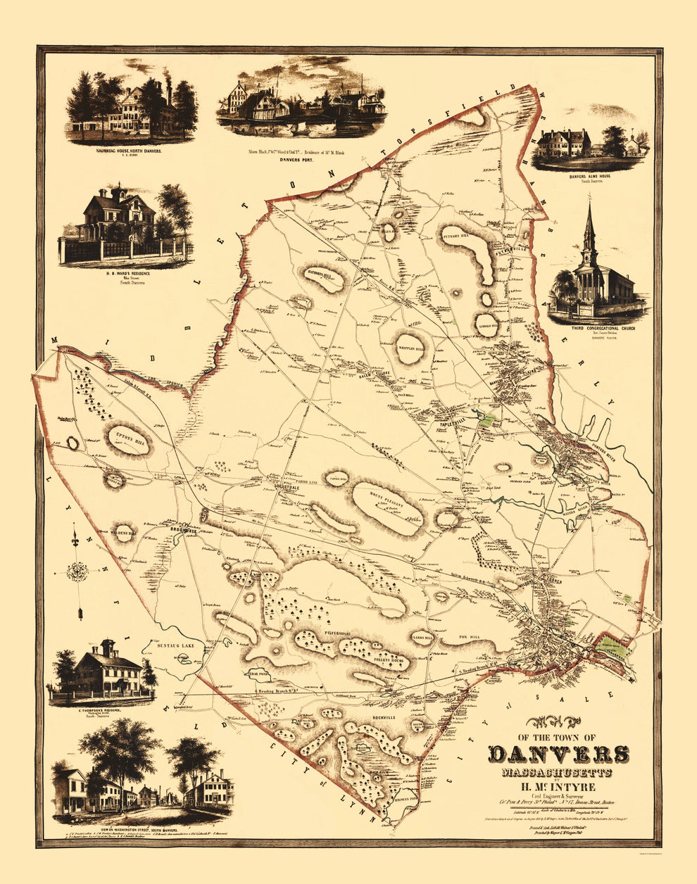 Historic City Map - Danvers Massachusetts County - Friend 1852 - Vinta ...