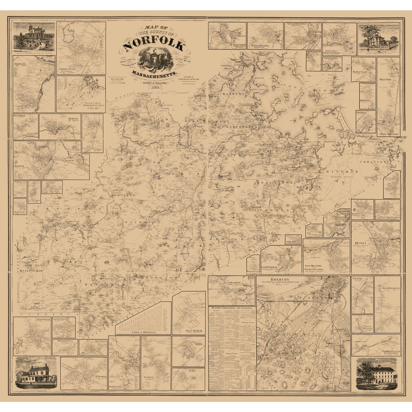 Historic County Map - Norfolk County Massachusetts - Walling 1858 - Vi ...
