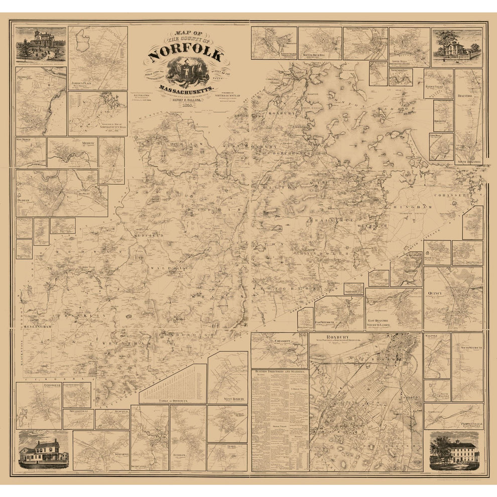 Historic County Map - Norfolk County Massachusetts - Walling 1858 - Vi ...