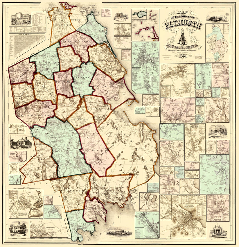 Historic County Map - Plymouth County Massachusetts - Walling 1857 - V ...