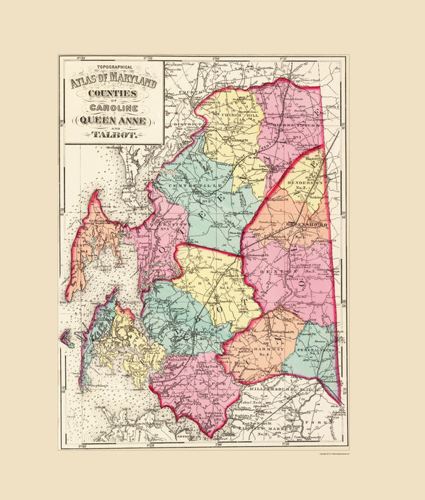 Historic County Map - Caroline Queen Anne Talbot Counties Maryland - M ...