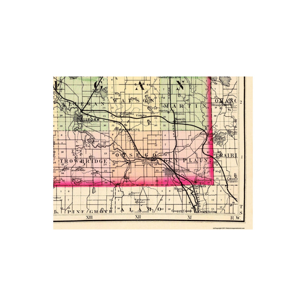 Historic County Map - Allegan County Michigan - Walling 1873 - 30 x 23 ...