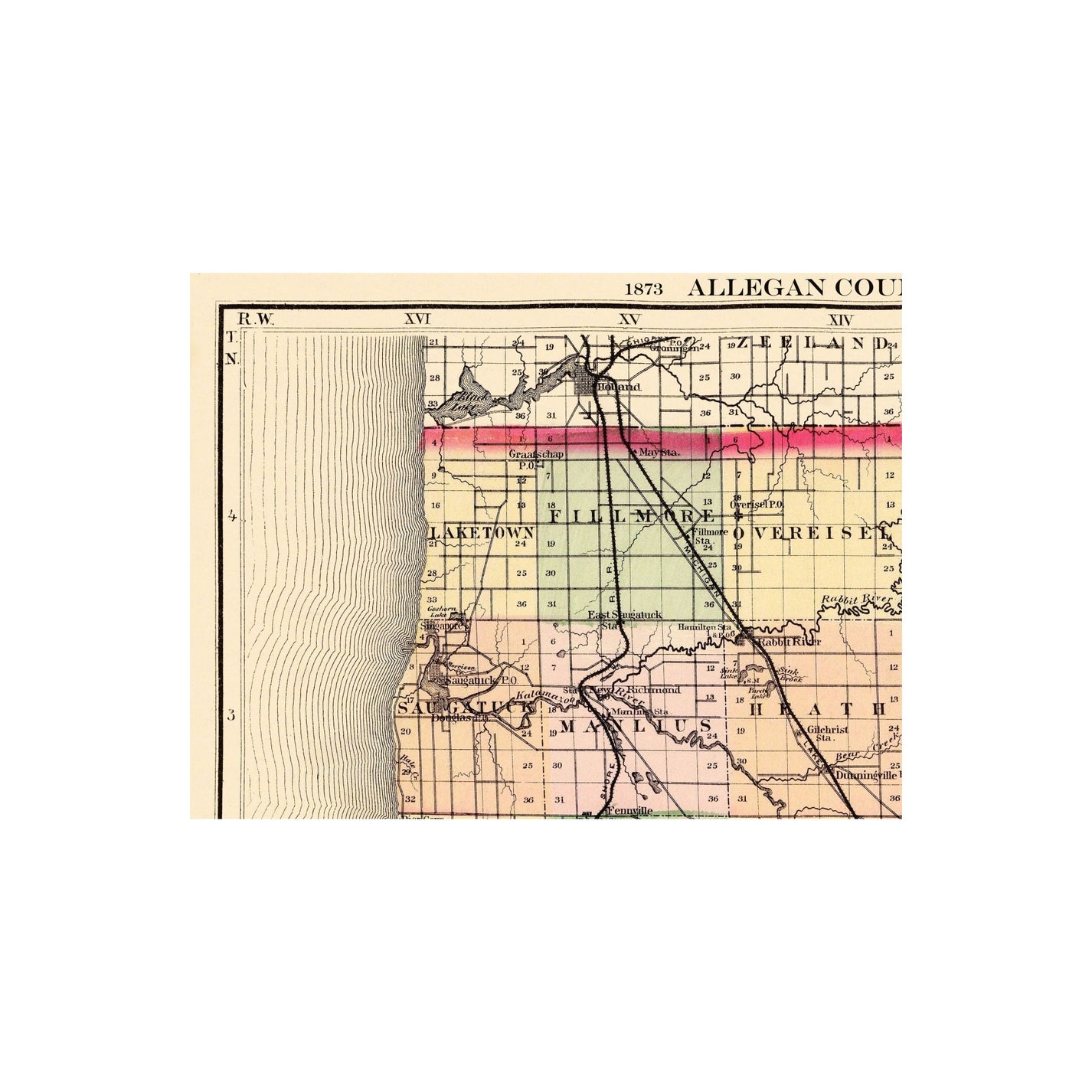 Historic County Map - Allegan County Michigan - Walling 1873 - 30 x 23 ...
