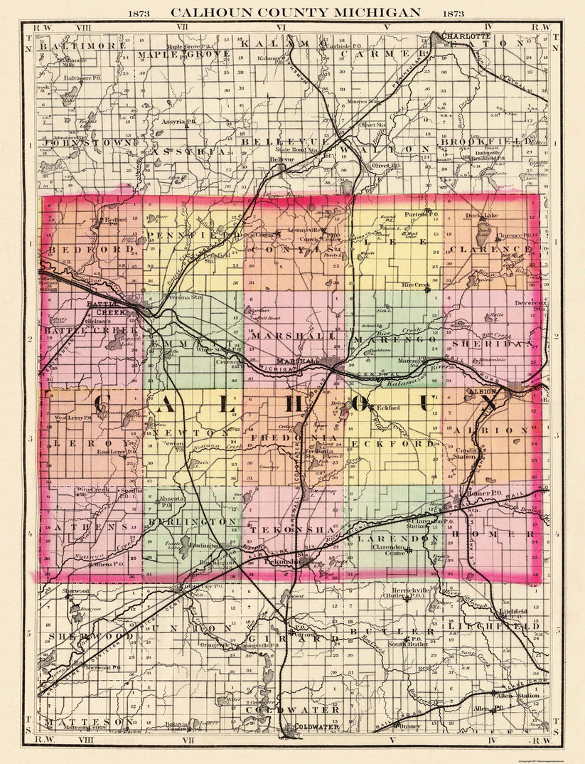Historic County Map - Calhoun County Michigan - Walling 1873 - Vintage ...