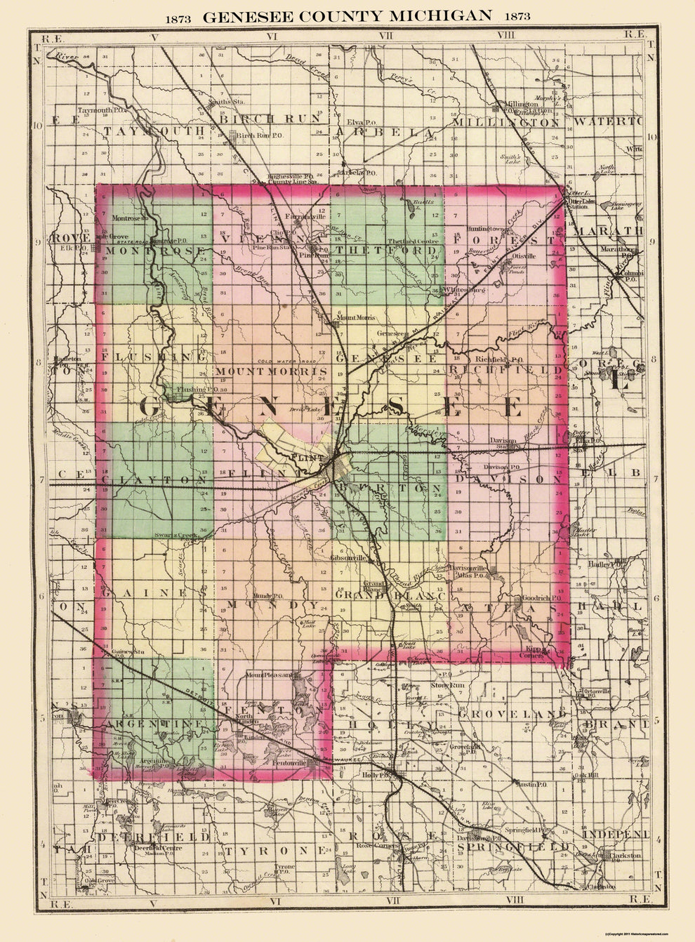 Historic County Map - Genesee County Michigan - Walling 1873 - Vintage ...