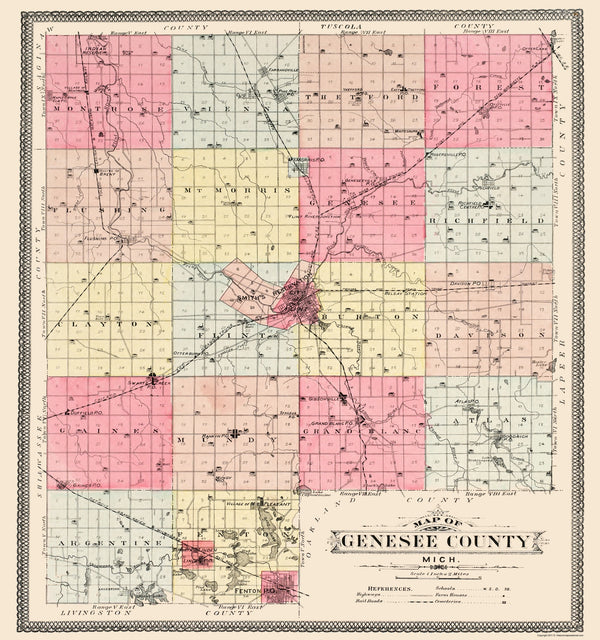Historic County Map - Genesee County Michigan - Day 1899 - Vintage Wal ...