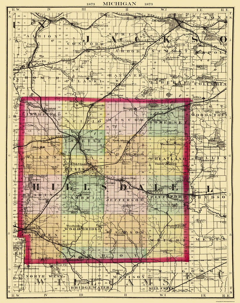Historic County Map - Hillsdale County Michigan - Walling 1873 - Vinta ...