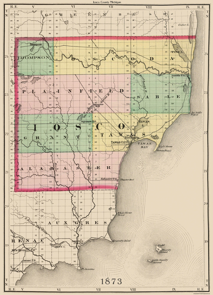 Historic County Map - Iosco County Michigan - Walling 1873 - Vintage W ...