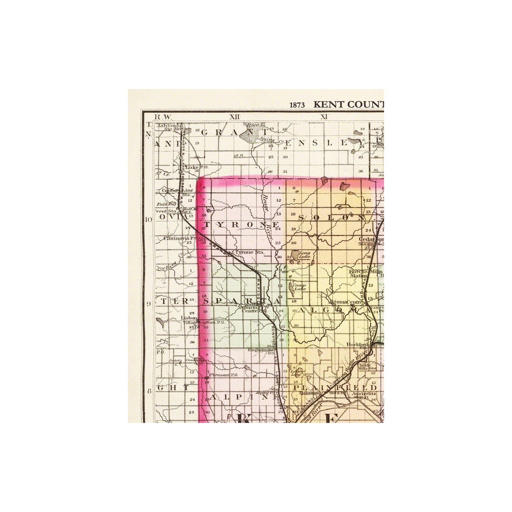 Historic County Map - Kent County Michigan - Walling 1873 - 23 x 30 ...
