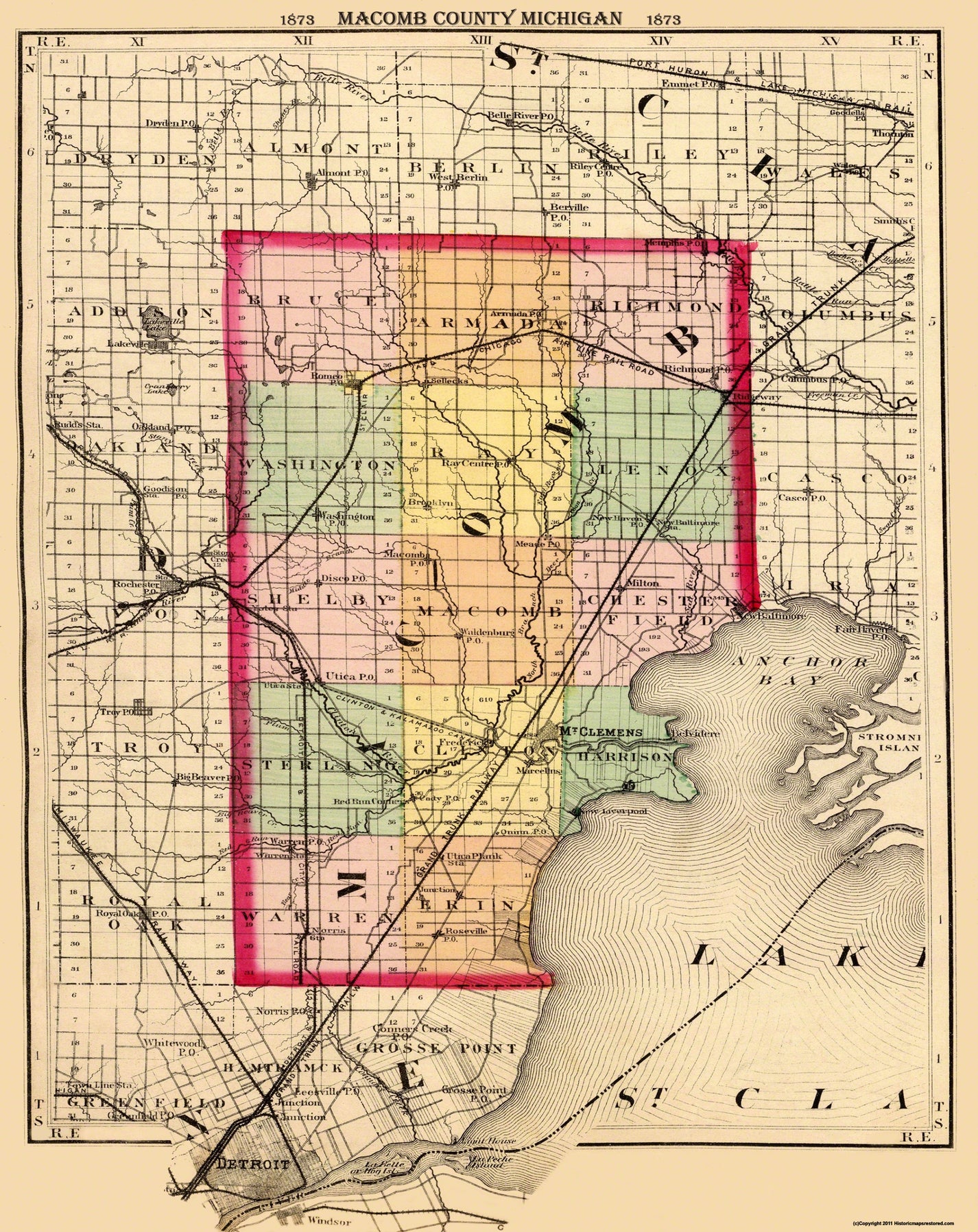 Historic County Map - Macomb County Michigan - Walling 1873 - Vintage ...