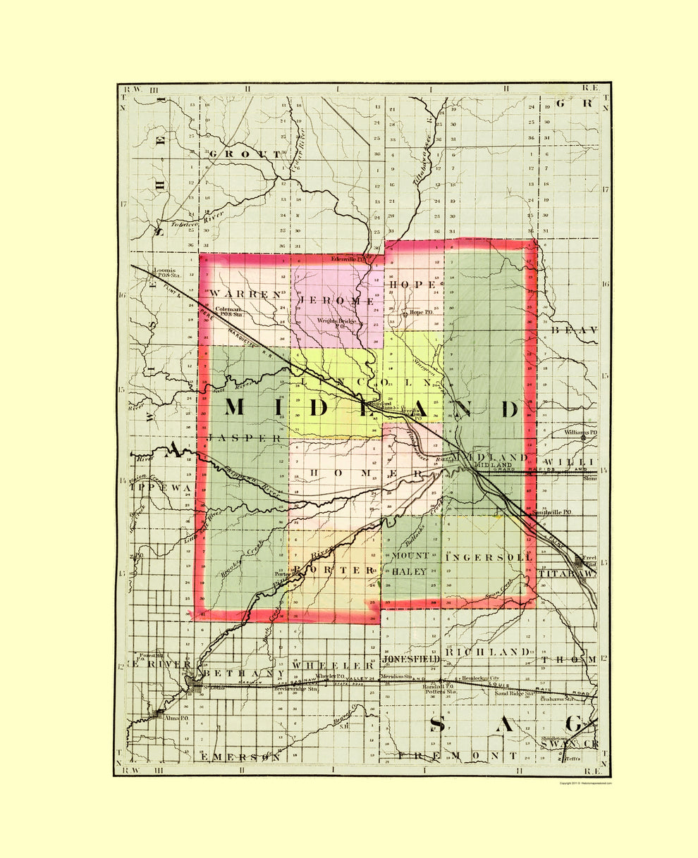Historic County Map - Midland County Michigan - Walling 1873 - Vintage ...