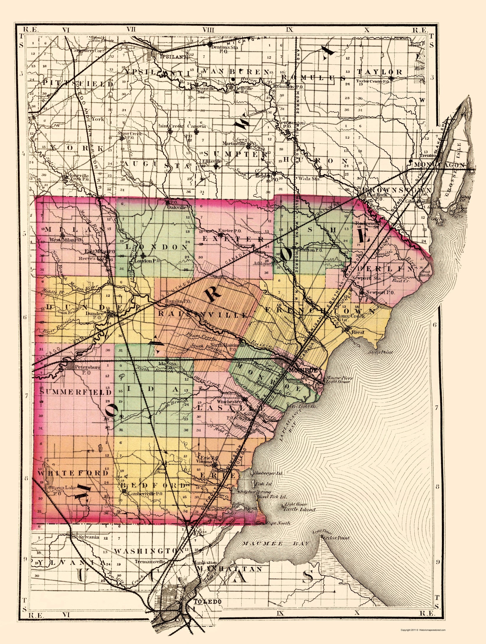 Historic County Map - Monroe County Michigan - Walling 1873 - Vintage ...