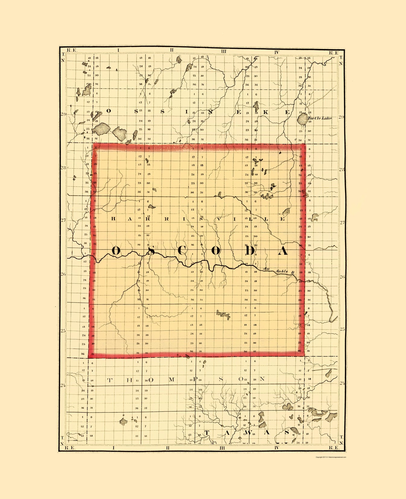 Historic County Map - Oscoda County Michigan - Walling 1873 - Vintage ...