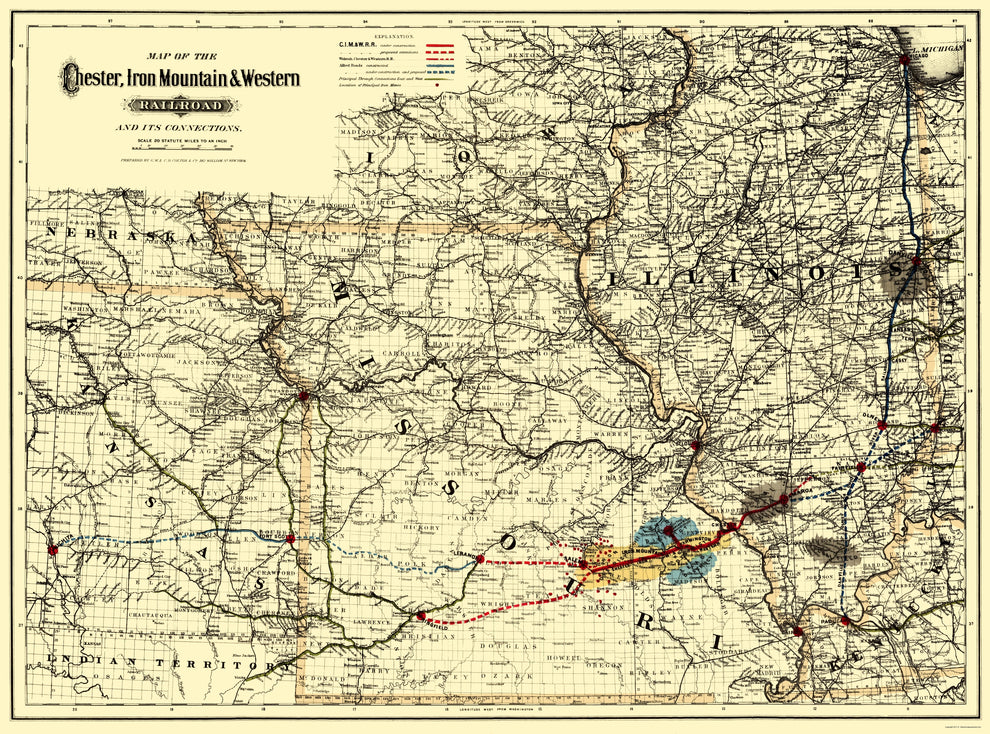 Railroad Map - Chester Iron Mountain and Western 1881 - Vintage Wall A ...