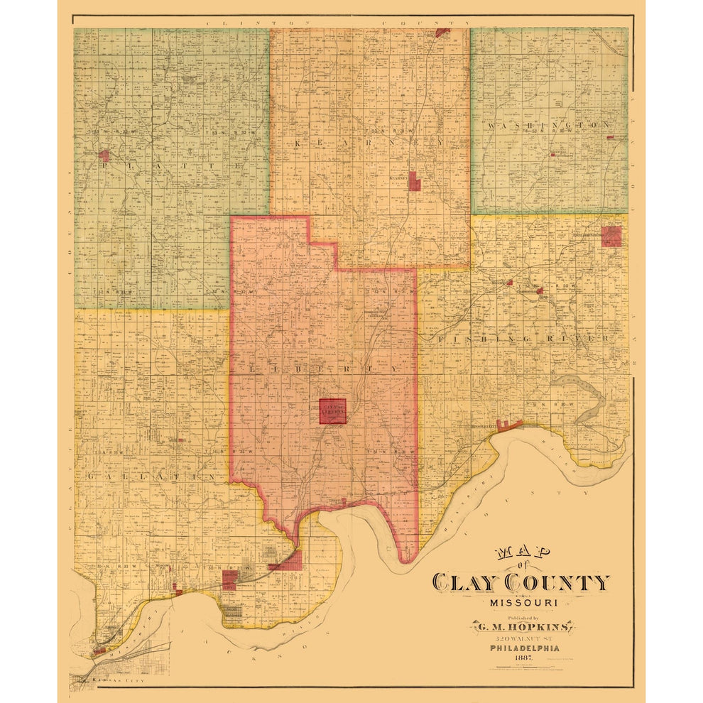 Historic County Map - Clay County Missouri - Hopkins 1887 - Vintage Wa ...