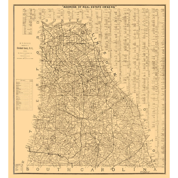 Historic County Map - Cleveland County North Carolina - Kyzer 1886 - V ...