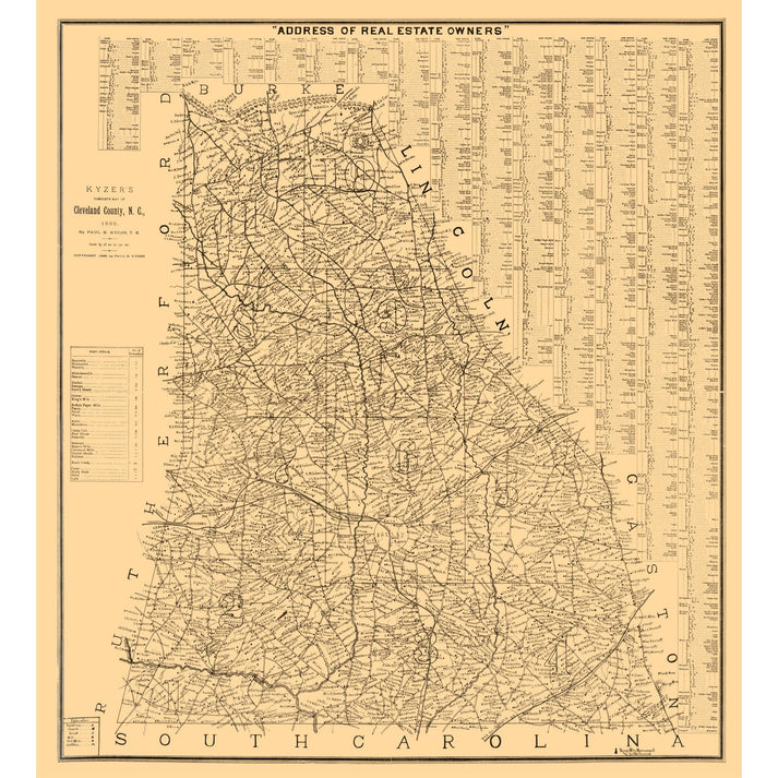 Historic County Map - Cleveland County North Carolina - Kyzer 1886 - V ...