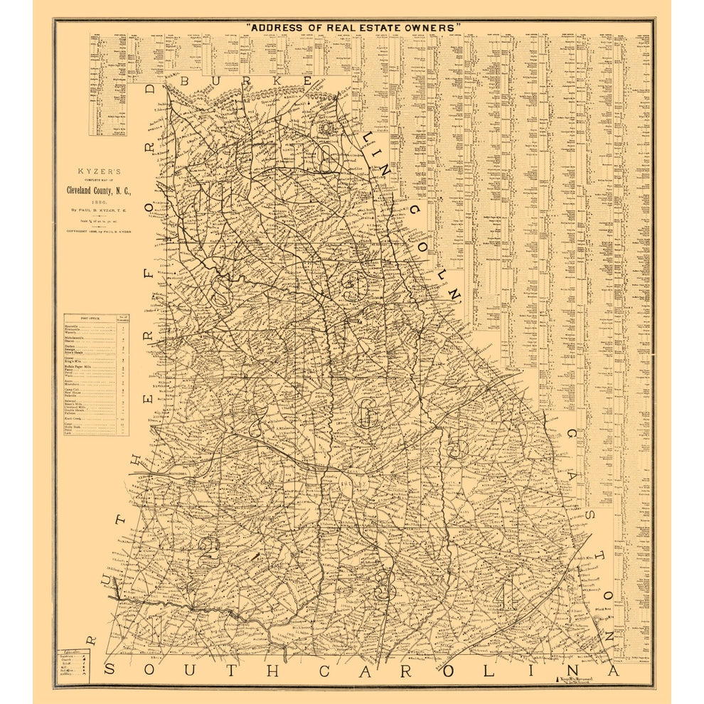 Historic County Map - Cleveland County North Carolina - Kyzer 1886 - V ...