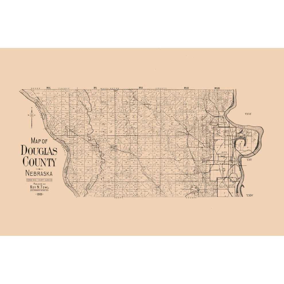 Historic County Map - Douglas County Nebraska - Towl 1909 - Vintage Wa ...