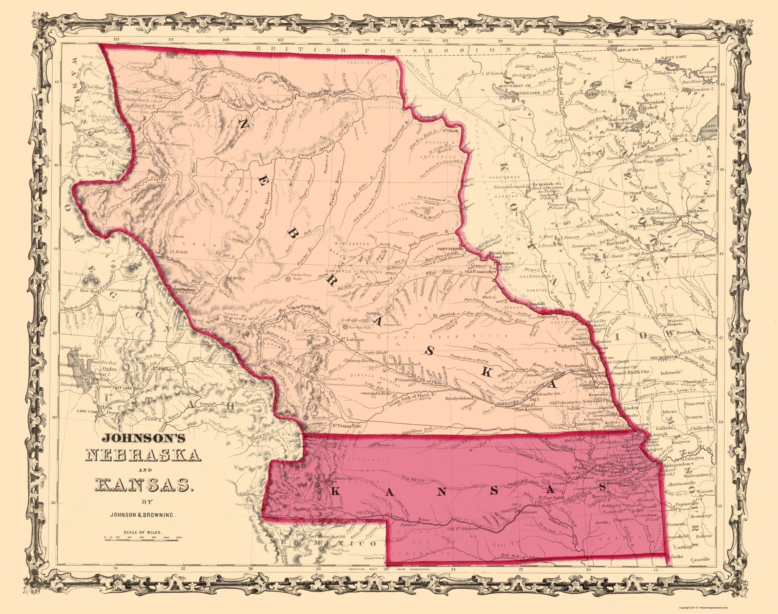 Historic State Map - Nebraska Kansas - Johnson 1860 - 23 x 29.13 - Vin ...