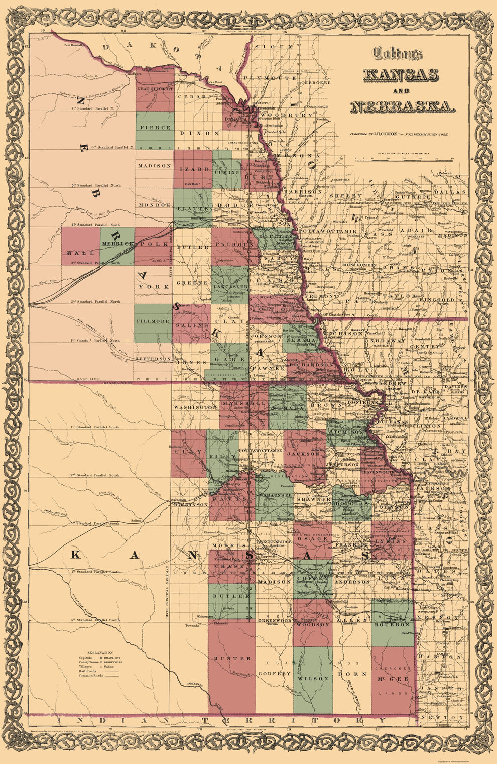 Historic State Map - Nebraska Kansas - Colton 1875 - Vintage Wall Art ...