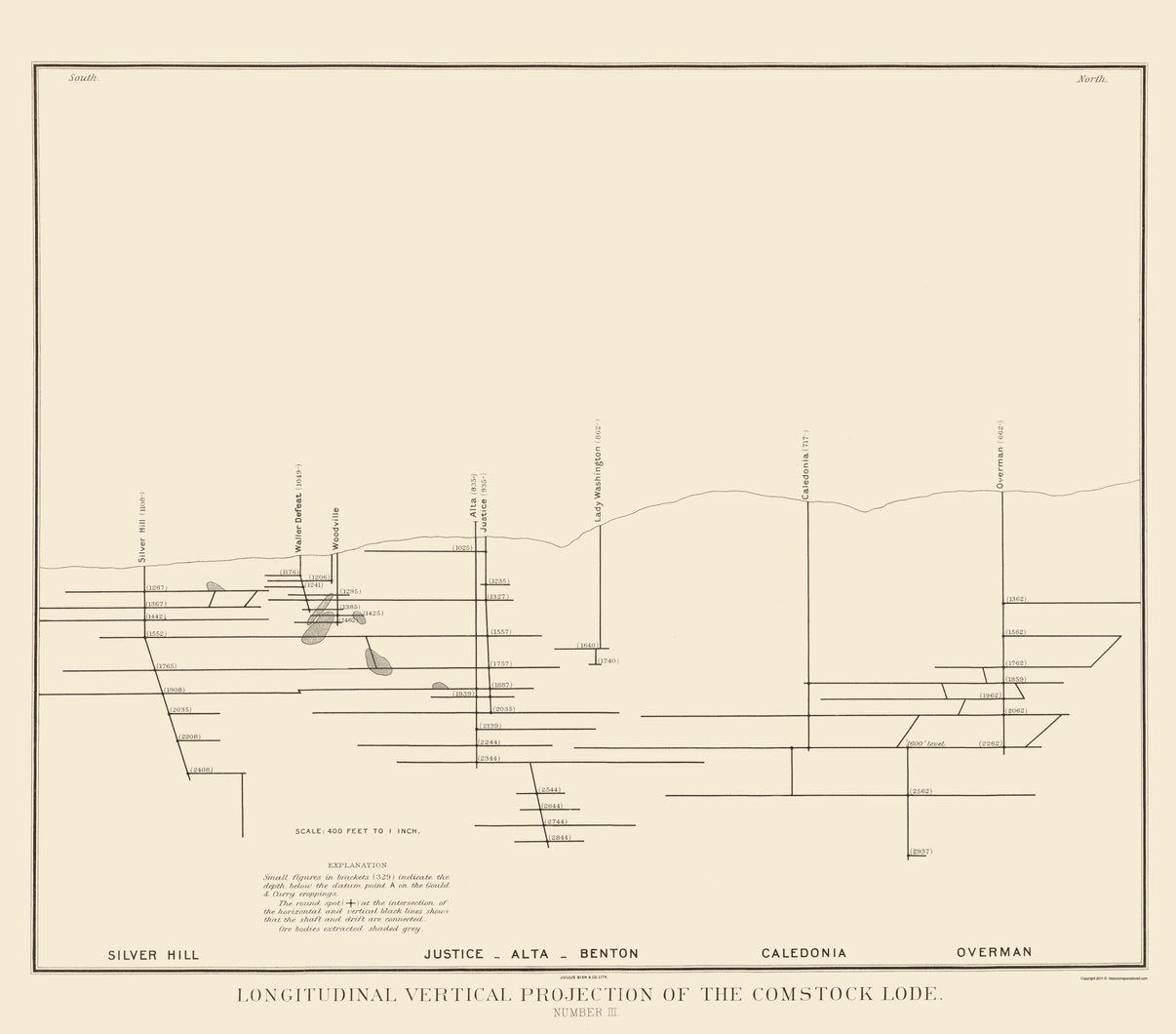 Historic Mine Map - Nevada Comstock Lode Vertical Projection 3 - Becke ...