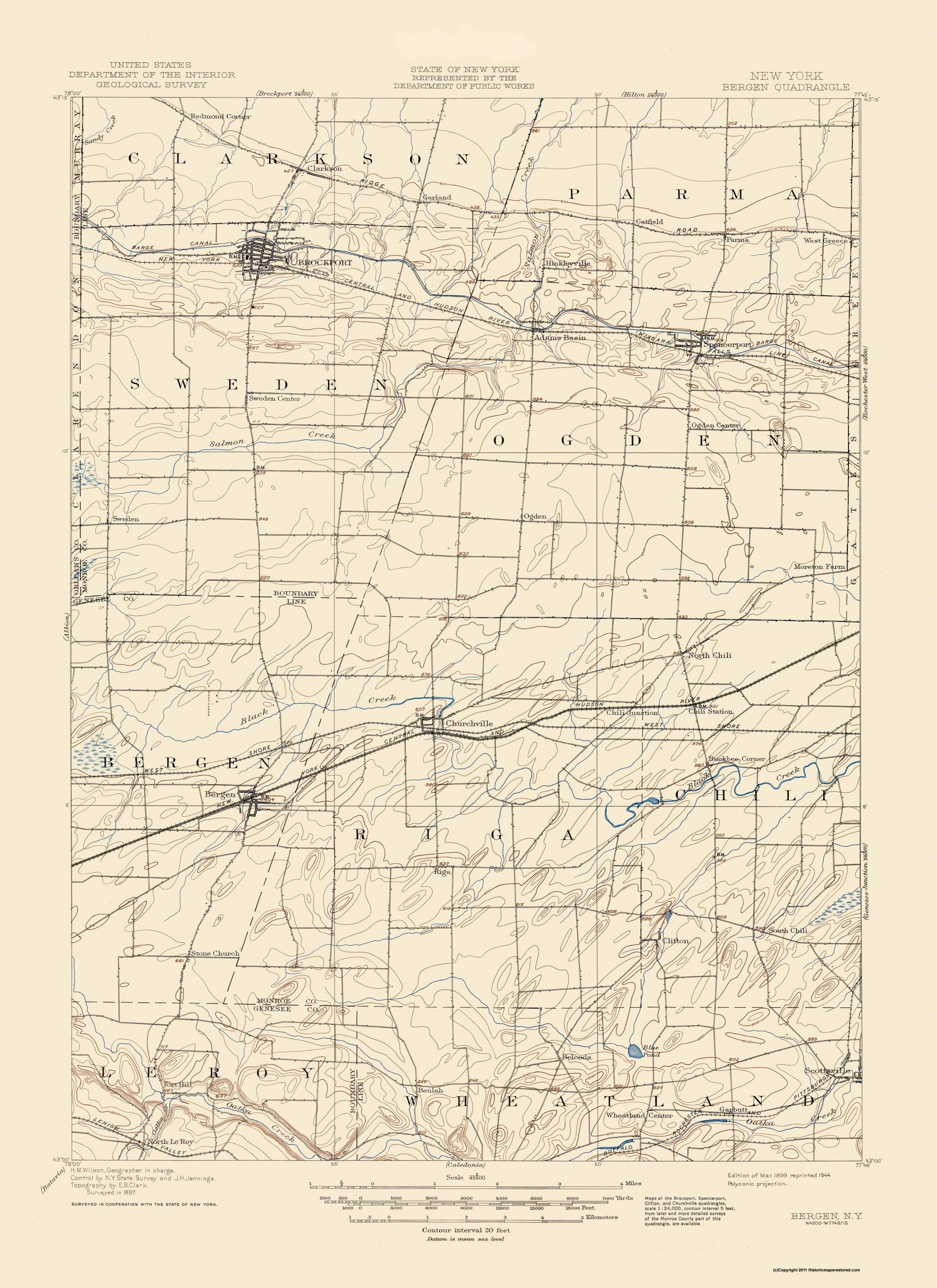 Topographical Map - Bergen New York Quad - USGS 1899 - 23 x 31.62 - Vi ...