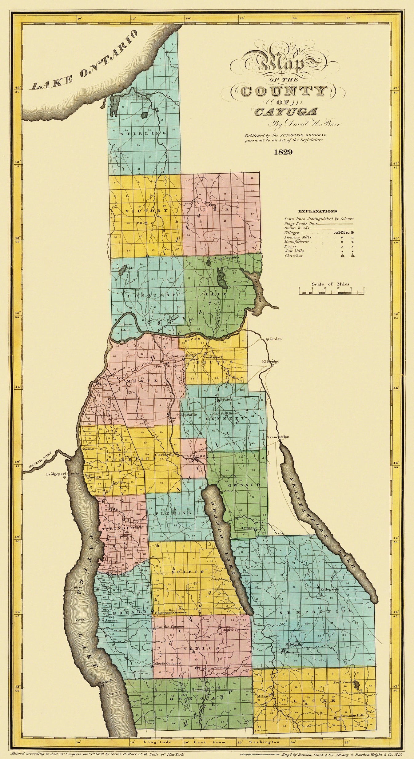 Historic County Map - Cayuga County New York - Burr 1829 - Vintage Wal ...
