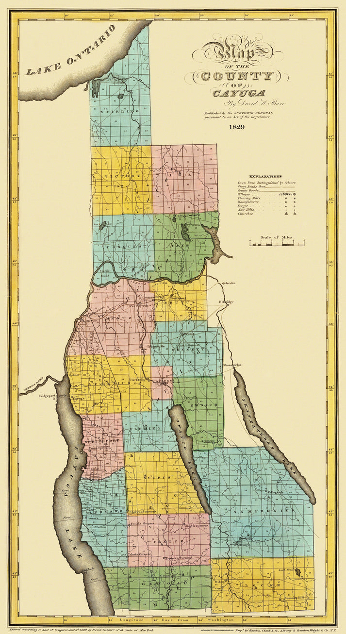Historic County Map - Cayuga County New York - Burr 1829 - Vintage Wal ...