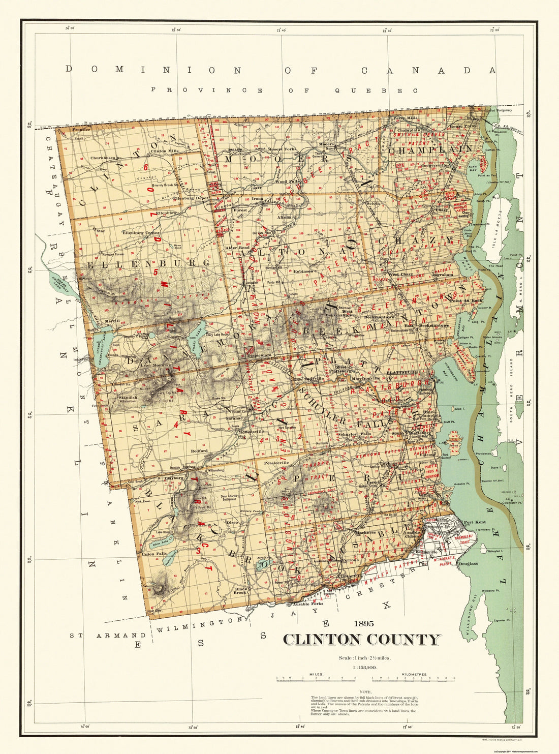 Historic County Map - Clinton County New York - Bien 1895 - Vintage Wa ...