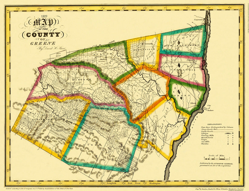 Historic County Map - Greene County New York - Burr 1829 - Vintage Wal ...
