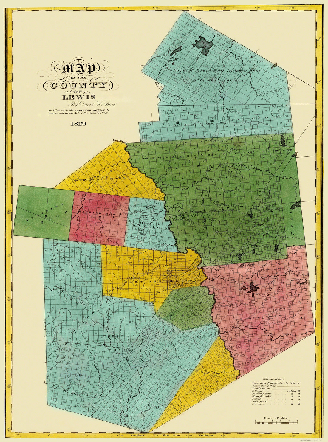 Historic County Map - Lewis County New York - Burr 1829 - Vintage Wall ...