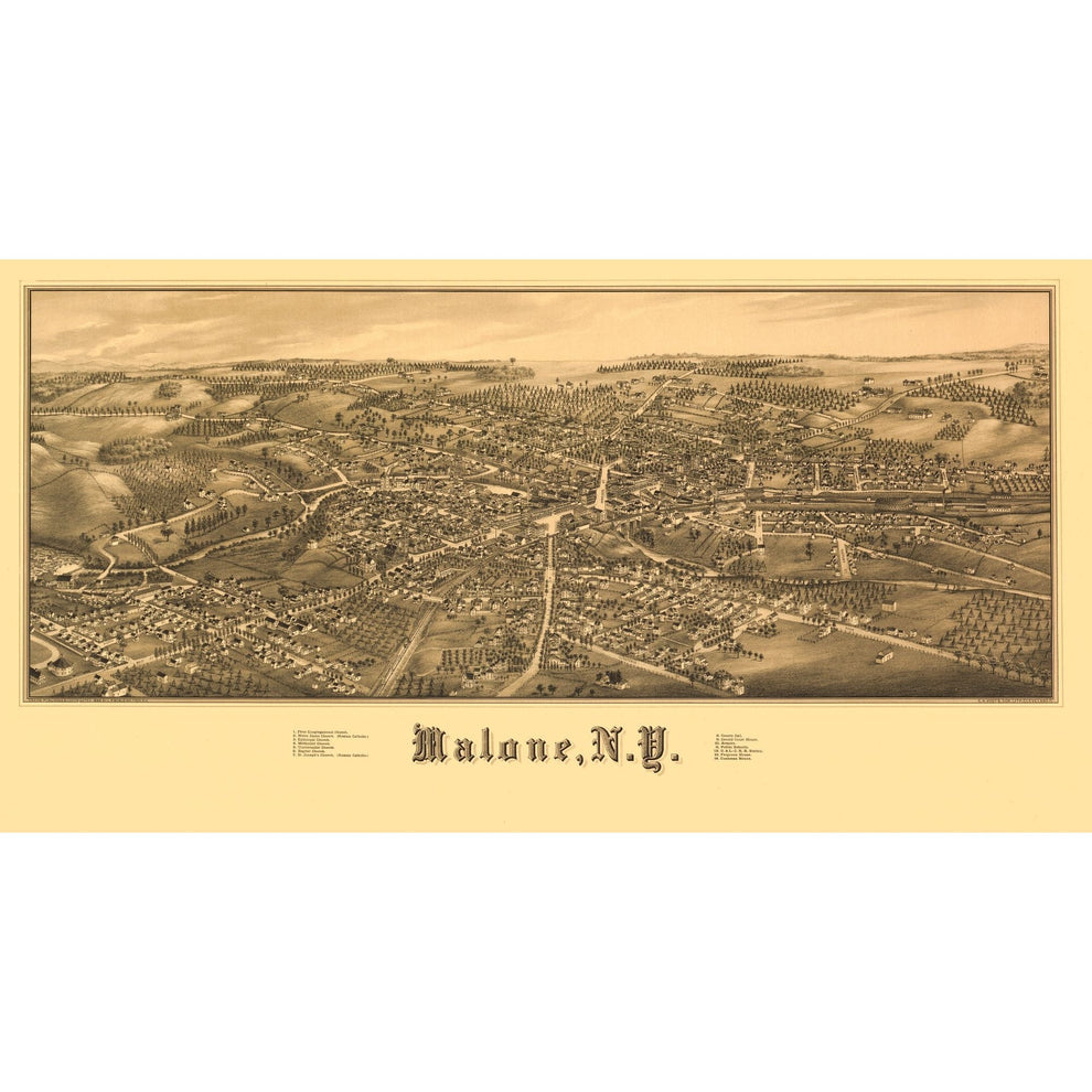 Historic Panoramic View - Malone New York - Burleigh 1886 - Vintage Wa ...