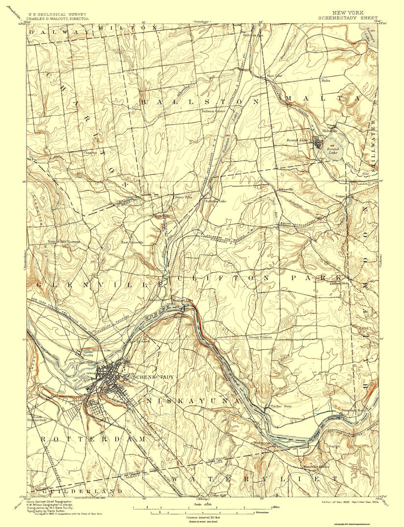 Topographical Map - Schenectady New York Quad - USGS 1898 - Vintage Wa ...