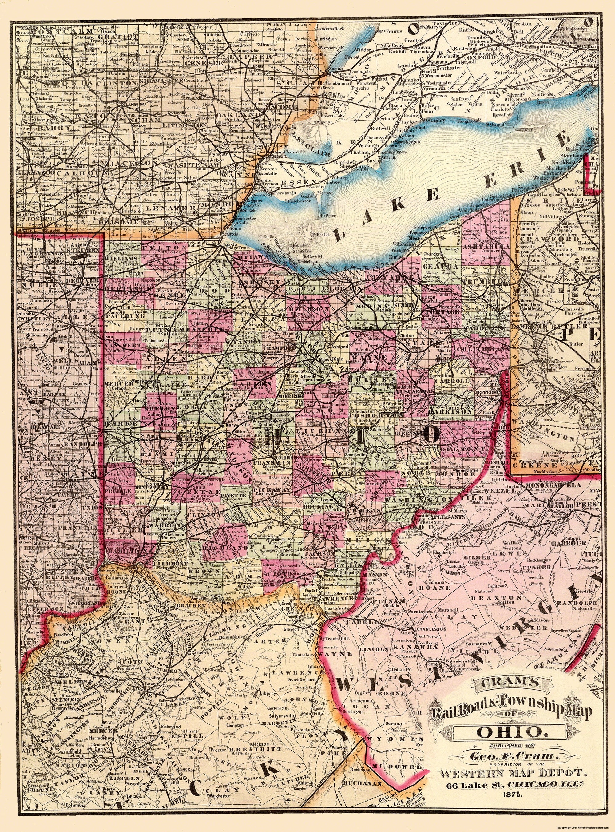 Railroad Map - Ohio Railroads Townships - Cram 1875 - Vintage Wall Art ...