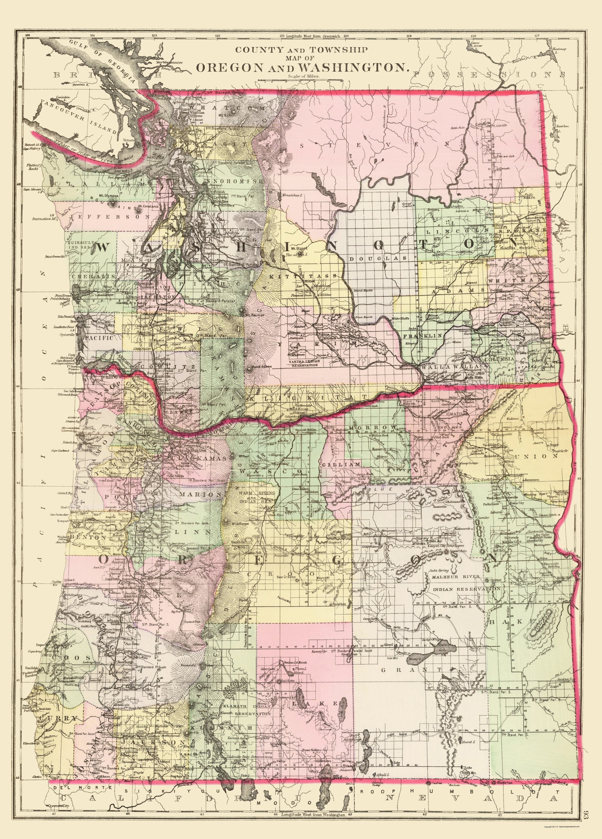 Historic State Map - Oregon Washington - Bradley 1887 - 23 x 32.05 - V ...