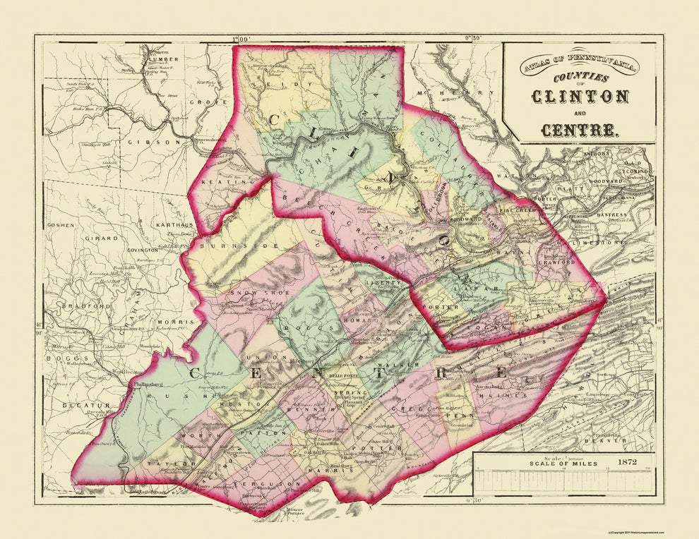 Historic County Map- Clinton Centre Counties Pennsylvania - Walling 18 ...