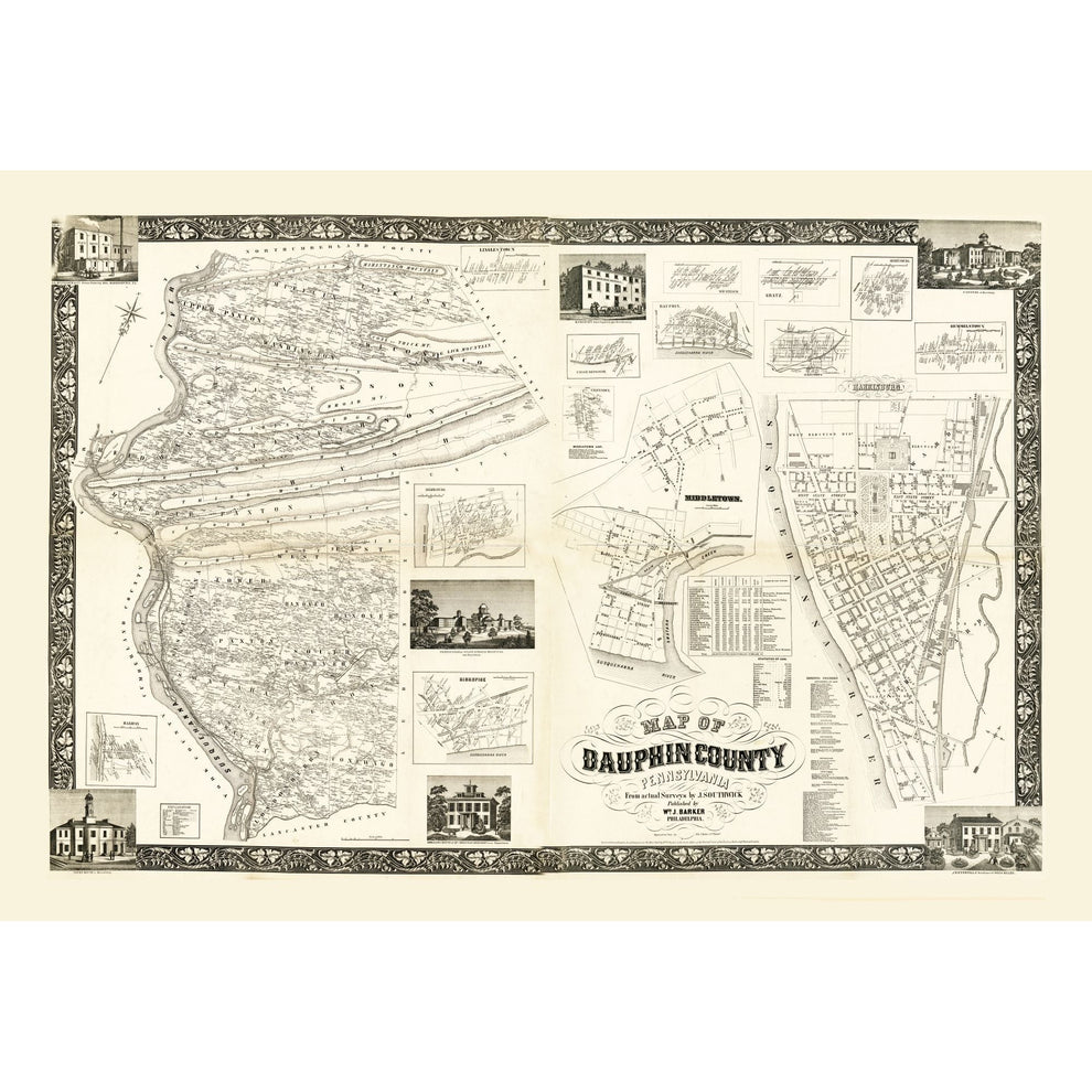 Historic County Map - Dauphin County Pennsylvania - Barker 1858 - Vint ...