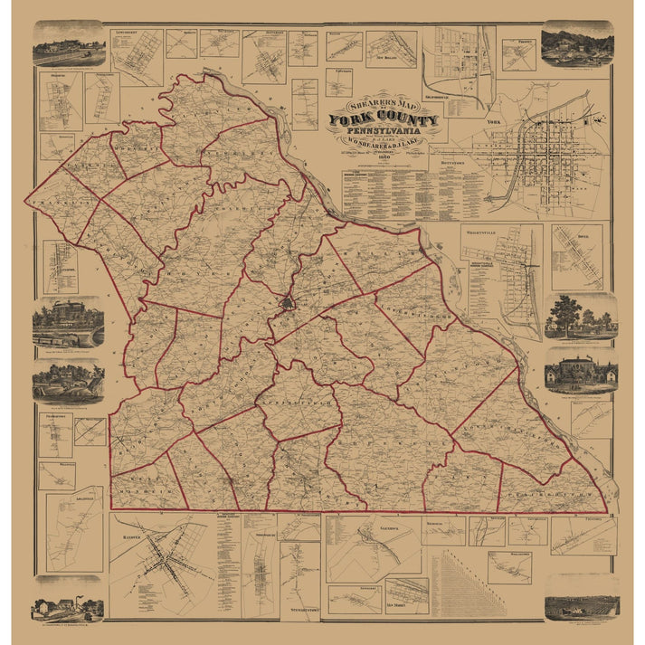 Historic County Map - York County Pennsylvania - Shearer 1860 - Vintag ...