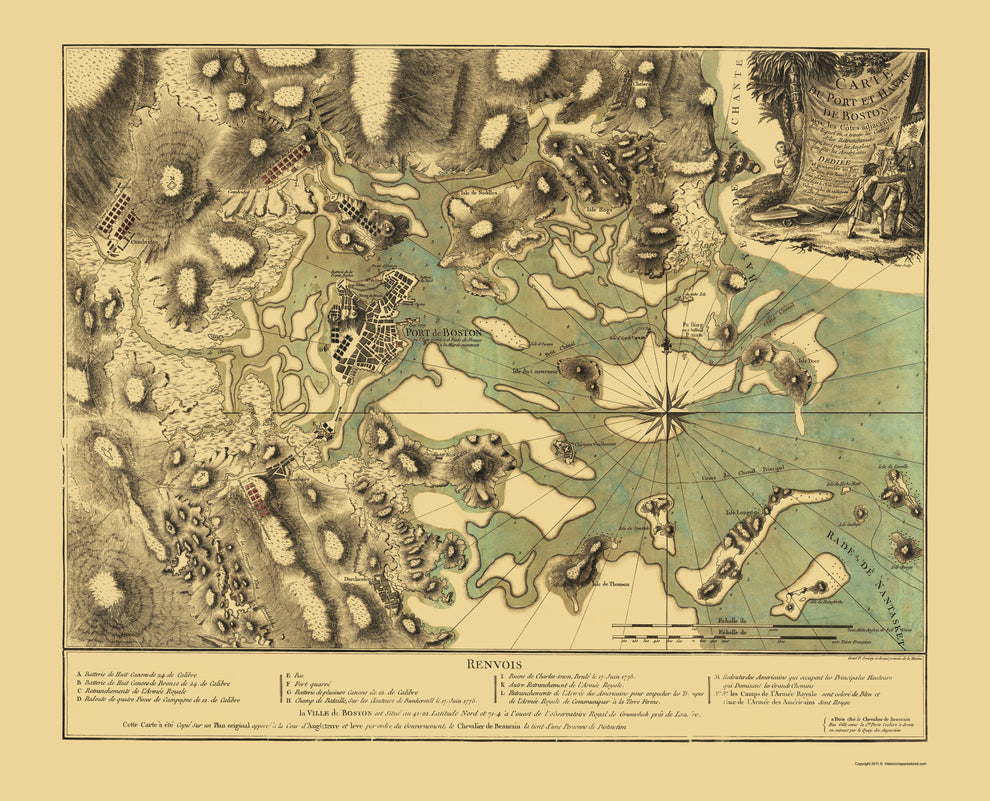 Revolutionary War Map - Boston Harbor Massachusetts - Beaurain 1776 ...