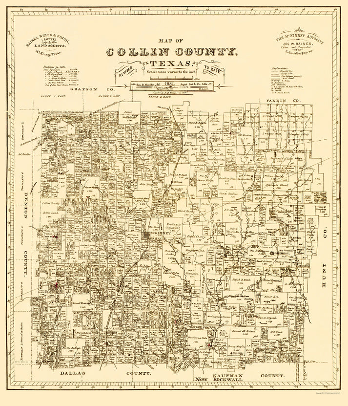 Historic County Map - Collin County Texas - Gast 1881 - Vintage Wall A ...